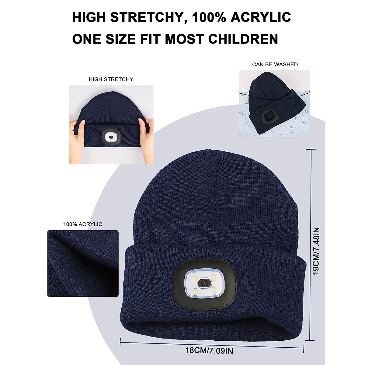 MELASA Unisex Kids LED Beanie, USB Rechargeable Hands Free Headlamp Hat, Night Flashlight Hat, Gifts for Kids Boys Black