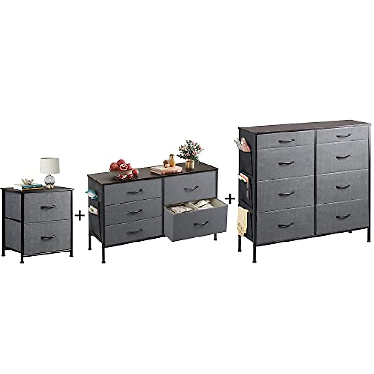 WLIVE 2-Drawer Nightstand, 5-Drawer Dresser and 8-Drawer Dresser Set, Fabric Storage Tower for Bedroom, Hallway, Nursery, Closets, Tall Chest Organizer Unit with Textured Print Fabric Bins, Steel Fram