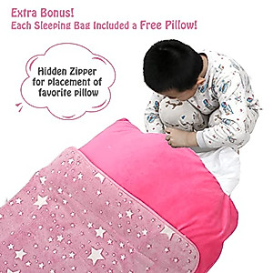 Kids Sleeping Bag for Girls, Glow in The Dark Slumber Bag, Sleeping Bag for Kids with Pillow, Soft Sleeping Bag for Toddler, Sleeping Bags for Girls Boys Daycare, Naps and Sleepovers,63" x 29"