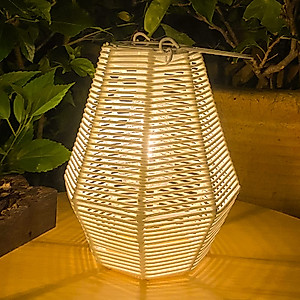 Rattan Outdoor Solar Lantern - Waterproof Hanging Table Solar Lanterns - White Woven Decorative Solar Lamp Lights with Handle for Patio Yard Garden Decoration (Edison Bulb)
