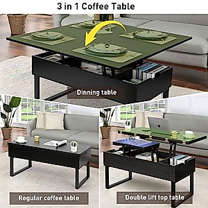 Lift Top Coffee Table, 3 in 1 Multi-Function with Hidden Compartment for Living Room, Modern Lift Coffee Table Converts to Dining Table for Reception, Black
