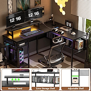 Unikito L Shaped Desk, Reversible Corner Computer Desk with Magic Power Outlets and Smart LED Light, Unique Grid Design, 55 Inch Office Desk with Monitor Stand and Storage Shelf, Black