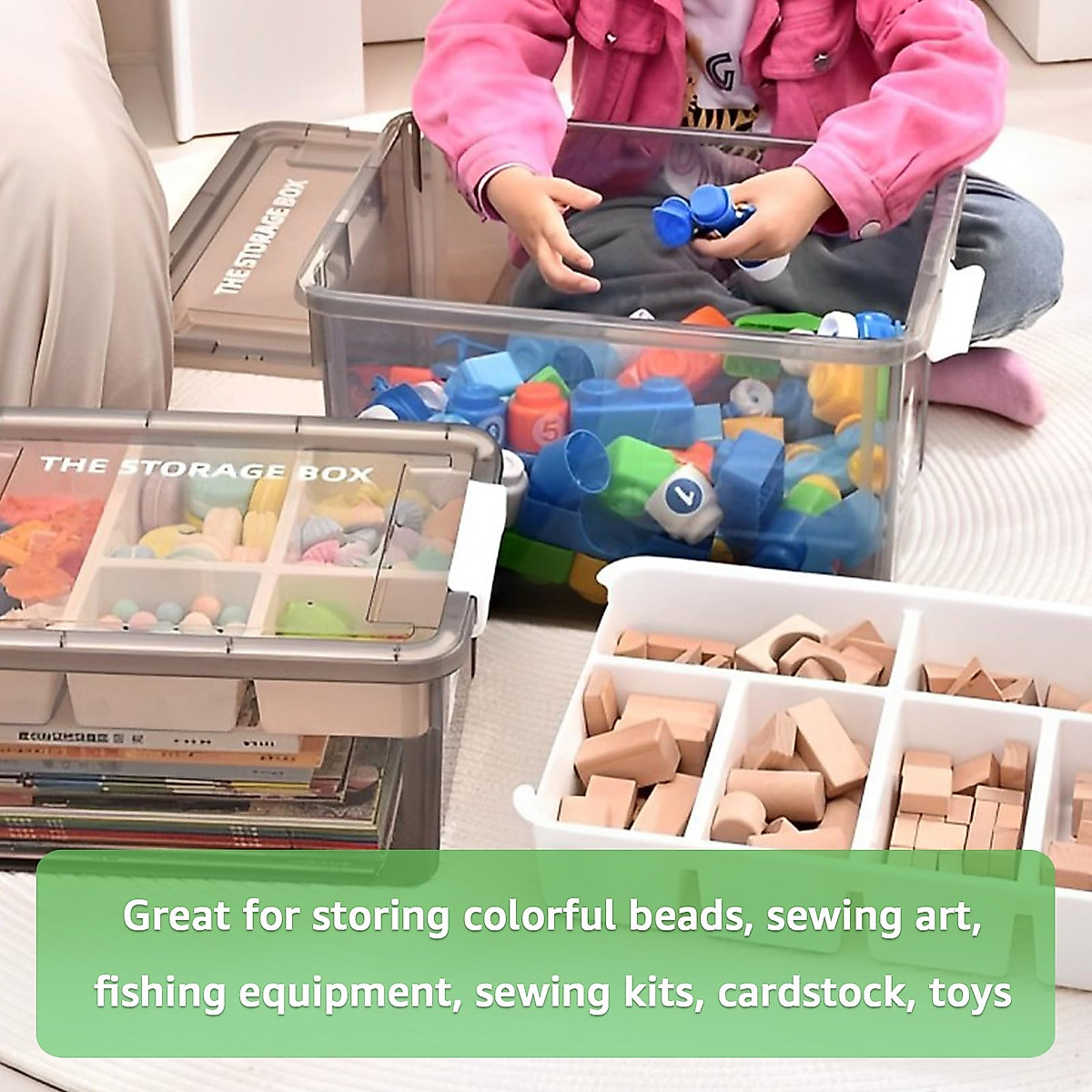 ACXFOND 1PCS Plastic Storage Box with Removable Tray Grey Craft Organizers and Storage 17 QT Storage Containers for Arts and Crafts Supplies, Lego, Stationery, Kids Building Blocks, Sewing Kit