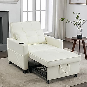 Futon Chair Bed, Modern Convertible Chair 3-in-1 Pull Out Sleeper Chair Beds with USB Ports, Single Sofa Recliner Couch Armchair Bed Sleeper for Living Room Apartment (White PU Leather)