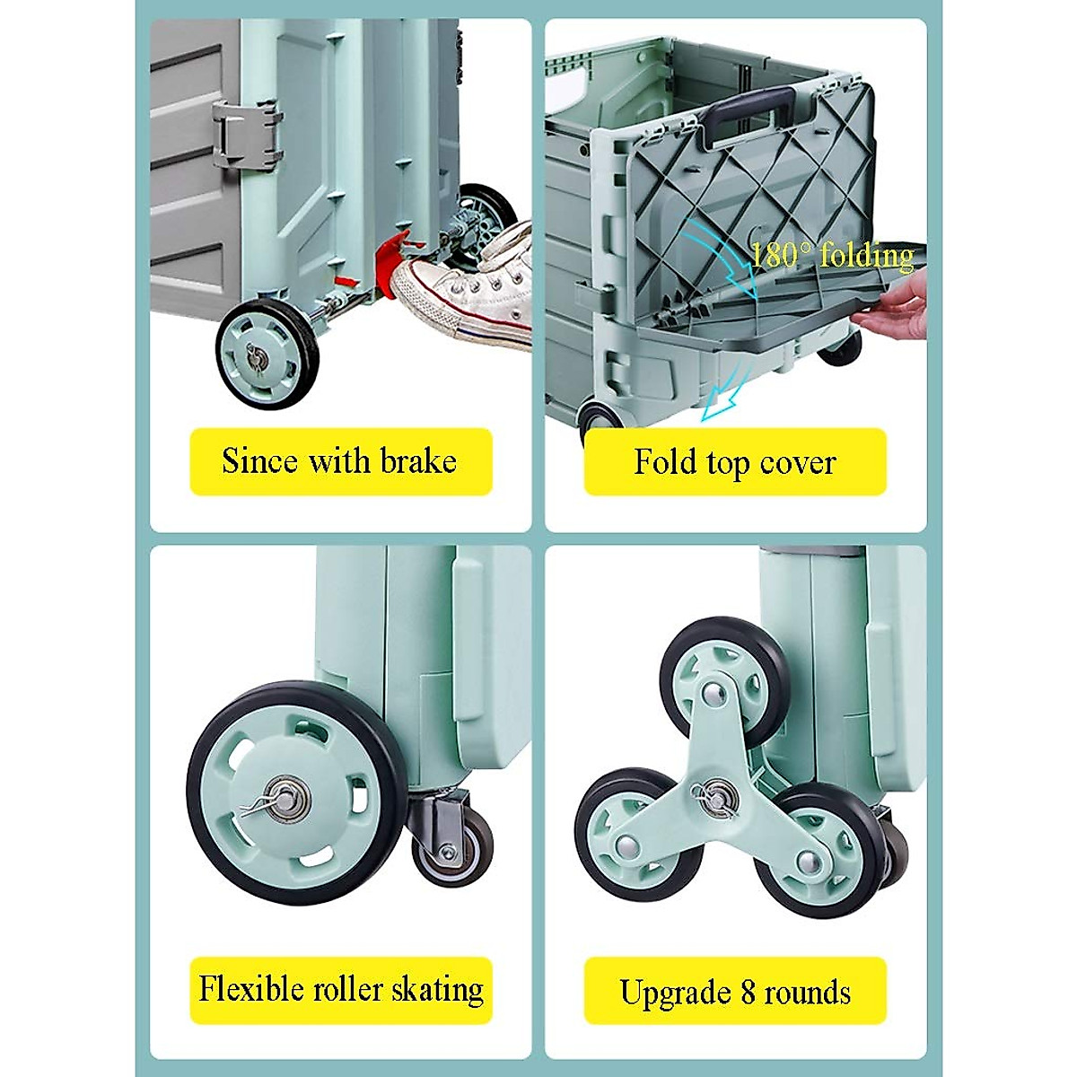 GXYAWPJ Mint Green Folding Cart on Wheels with Lid Cover Utility Shopping with Rolling Swivel Wheels for Stairs Large Capacity Retractable Hand Cart (Size : B)
