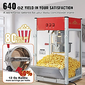 VEVOR Commercial Popcorn Machine, 12 Oz Kettle, 1440 W Countertop Popcorn Maker for 80 Cups per Batch, Theater Style Popper with 3-Switch Control Steel Frame Tempered Glass Doors 1 Scoop 2 Spoons, Red