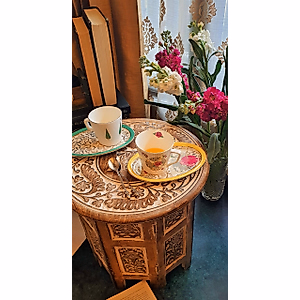 SAVON Small Rustic Wood Table Round White Side end Carved Indian Coffee Accent