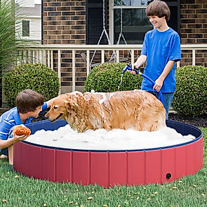 PawHut Foldable Pet Swimming Pool, Portable Dog Bathing Tub, 12" x 63" Plastic Large Dog Pool for Outdoor Dogs and Cats, Red
