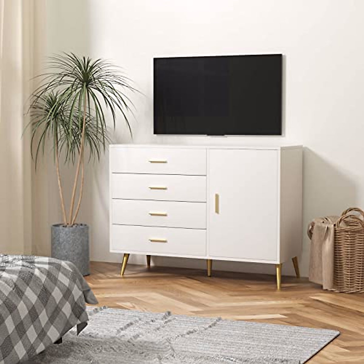 RESOM Storage Cabinet with Drawers & Door, Sideboard Cabinet with Adjustable Shelf, Printer Stand for Home Office, Free Standing Accent Cabinet for Living Room, Bedroom and Hallway (White)