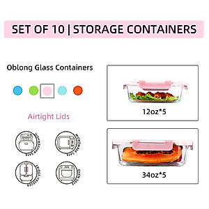 YANGNAY 10 Pack Glass Food Storage Containers with Airtight Lids, Leak-Proof Meal Prep Containers with Lids, Dishwasher/Microwave/Oven/Freezer Safe (Pink)