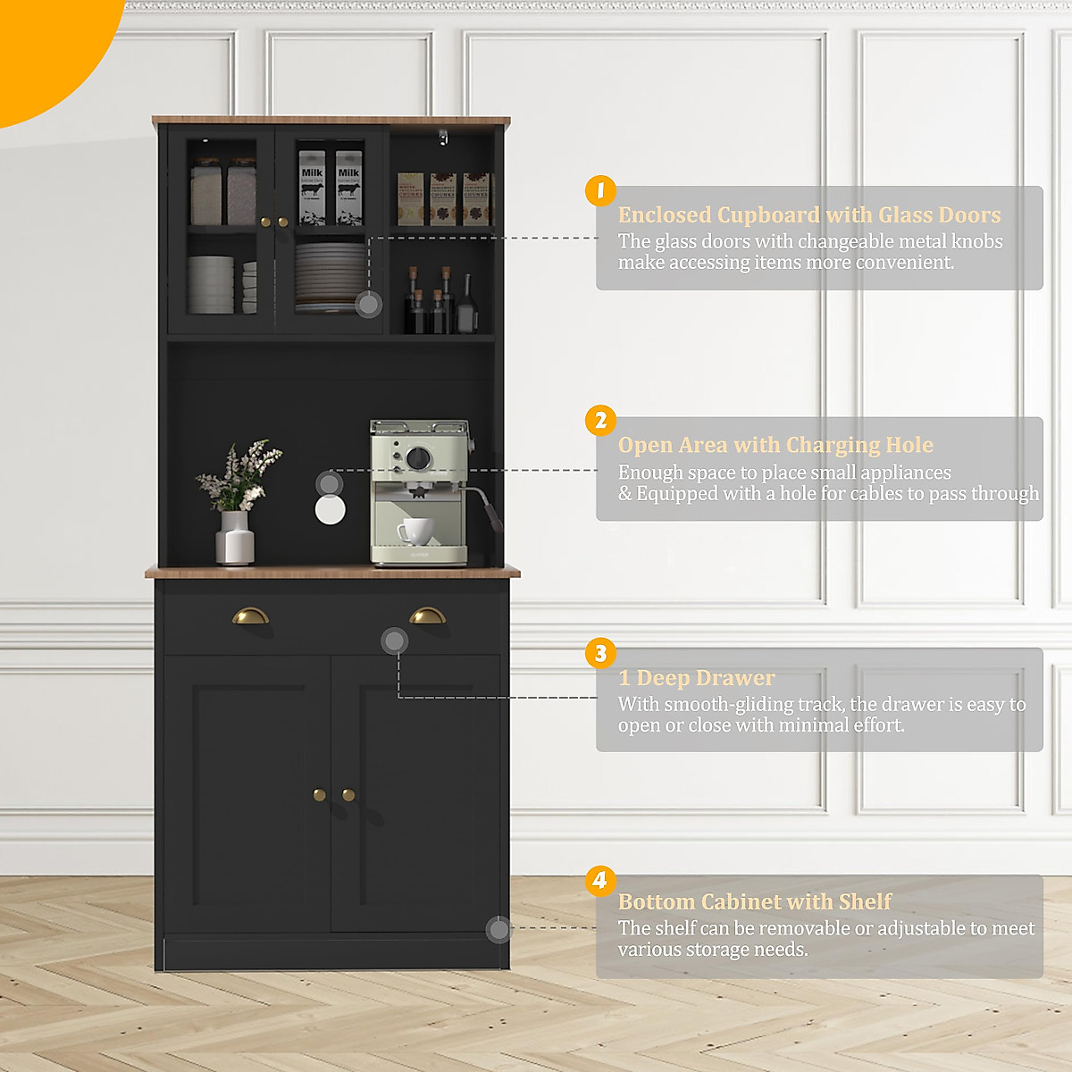 MUPATER 72'' Kitchen Pantry Cabinet Storage Hutch with Microwave Stand, Freestanding Pantry Buffet Cabinet with Adjustable Shelves, Cupboard and Drawer for Home, Black