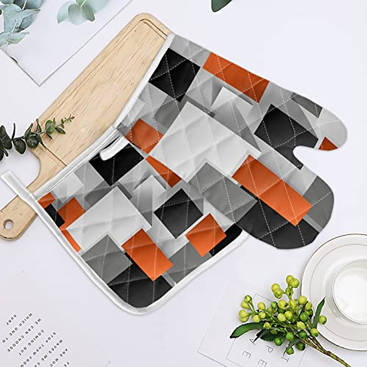 Oven Mitts, Geometric Figures Anti-Skid Cooking Gloves for BBQ, Microwave, Baking, Cooking, Thermal Insulation Hot Pads Potholders for Handling Hot Cookware Orange Grey Black Color Block