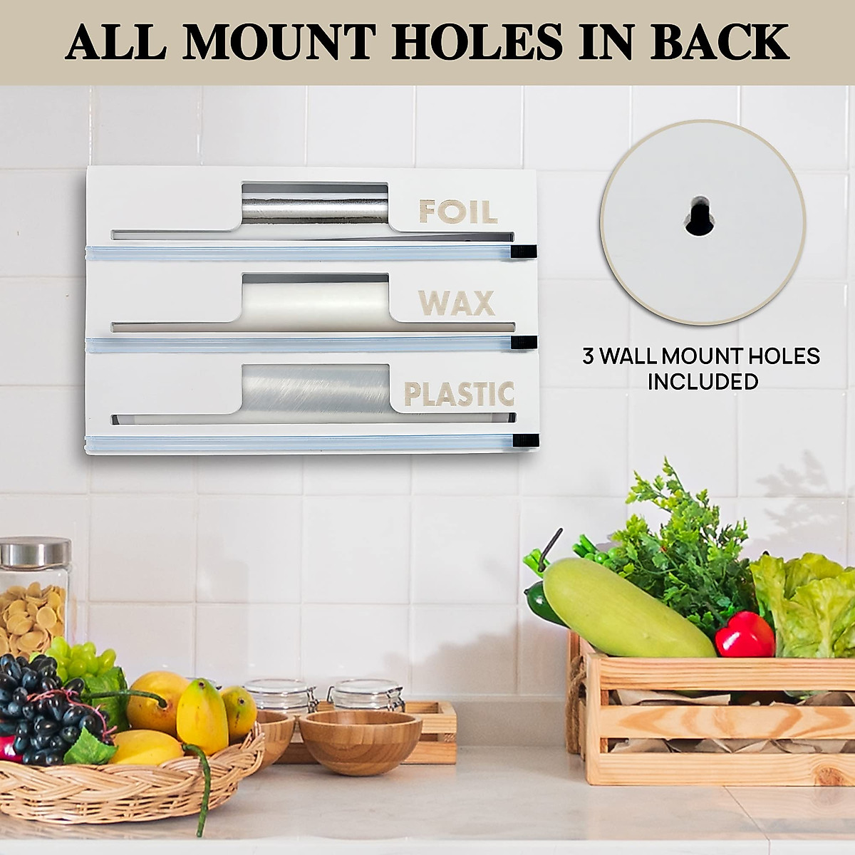 The Luxe Union 3-in-1 Wax, Foil, and Plastic Wrap Dispenser with Cutters, Drawer and Countertop Organizer for Cling, Film, and Parchment Paper, Pre-Labeled Organization, Bamboo Holder