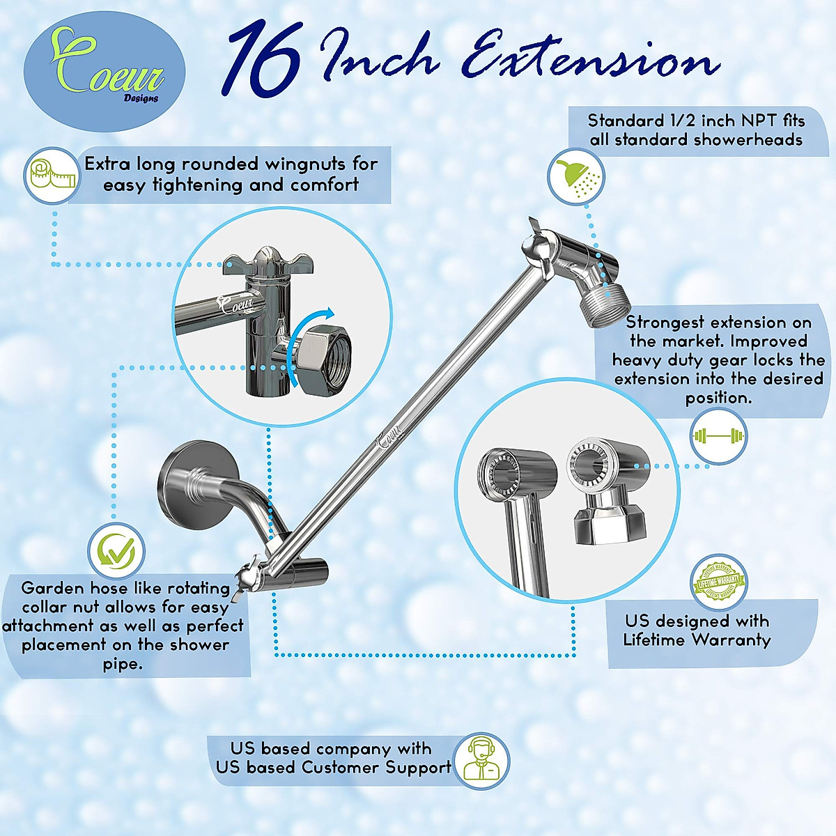 Coeur Designs 16-Inch Extra Long Shower Extension Arm. Solid Brass. Height/Angle Adjustable With a Unique Locking Gear for a Perfect Position Every time. Holds All Showerhead Sizes!!