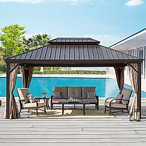 Patio Tree 12' x 16' Patio Hardtop Gazebo Outdoor Non-Rust Aluminum Permanent Pergola Shelter Tent with Galvanized Steel Canopy Roof, Mosquito Netting and Privacy Curtain