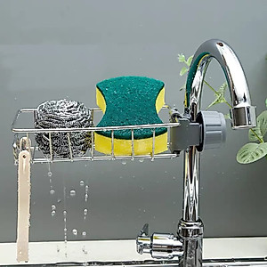 Hangningo Faucet Sponge Holder with Hook,Dish Rack for Kitchen,Sink or Shower Caddy Organizer,Shampoo Shelf and Brush Hanging for Bathroom,Drainer Storage for Dish Washing,Stainless Steel