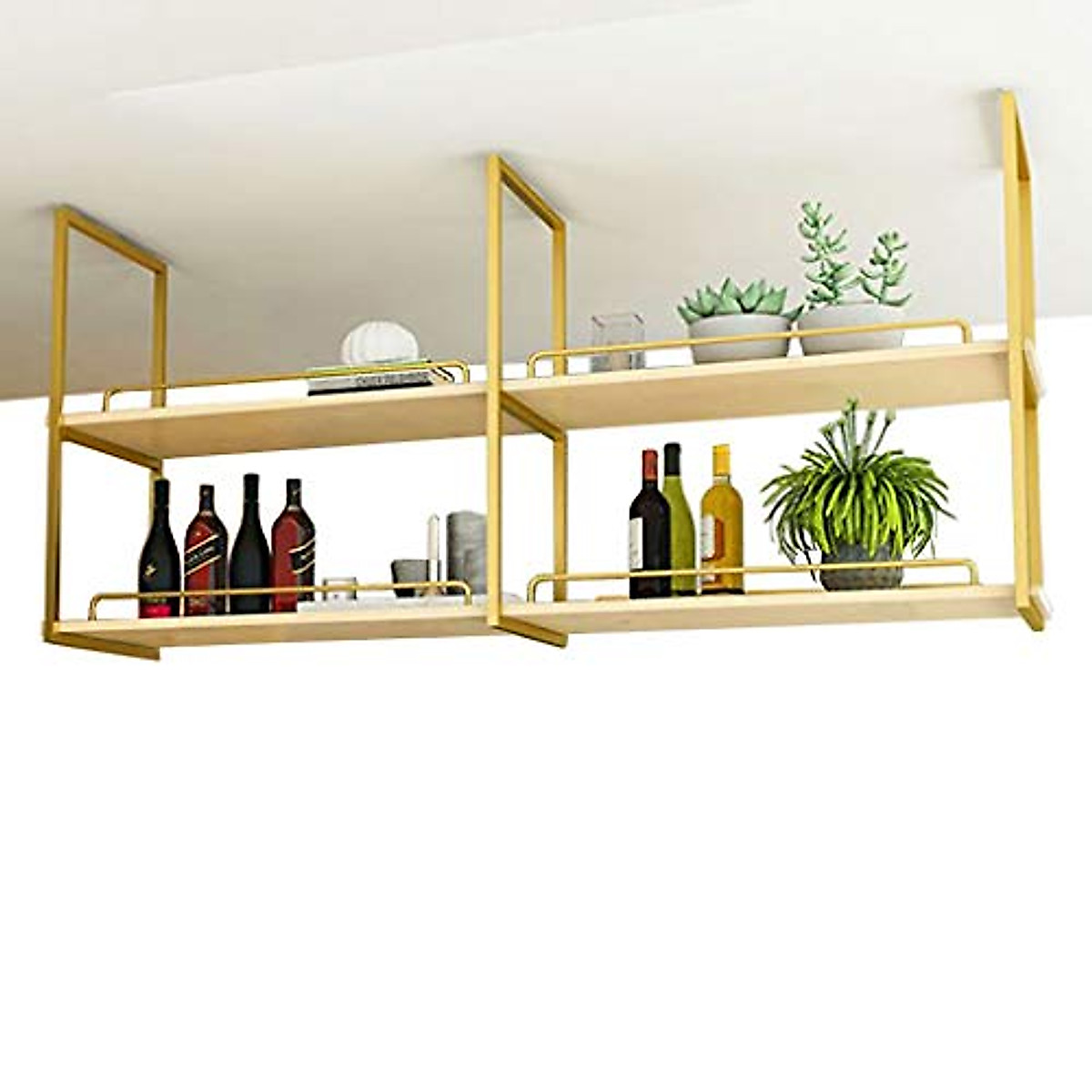 Nordic Iron Solid Wood Ceiling Shelf, 2 Tier Ceiling Mounted Storage Shelf, Bar Restaurant Hanging Decorative Flower Stand