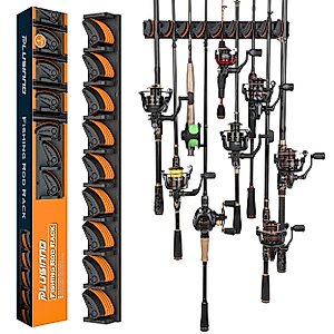 PLUSINNO V9 Vertical Fishing Rod Holders, Wall Mounted Fishing Pole Holders, Fishing Rod Rack Holds Up to 9 Rods or Combos, Fishing Rod Holders for Garage, Fits Most Rods of Diameter 3-19mm
