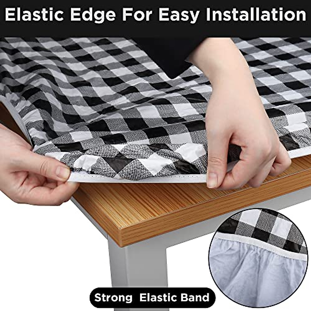Outdoor Picnic Table Covers with Bench Covers Set - Waterproof/Elastic/Easy to Fitted for Camping/Tablecloth/Patio/Garden- (Black and White 3pcs )