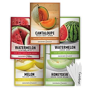 Melon Fruit Seeds For Planting Home Garden 5 Variety Packs - Hales Best Cantaloupe, Crimson Sweet Watermelon, Yellow Canary Melon, Green Flesh Honeydew Melon, Sugar Baby Watermelon by Gardeners Basics