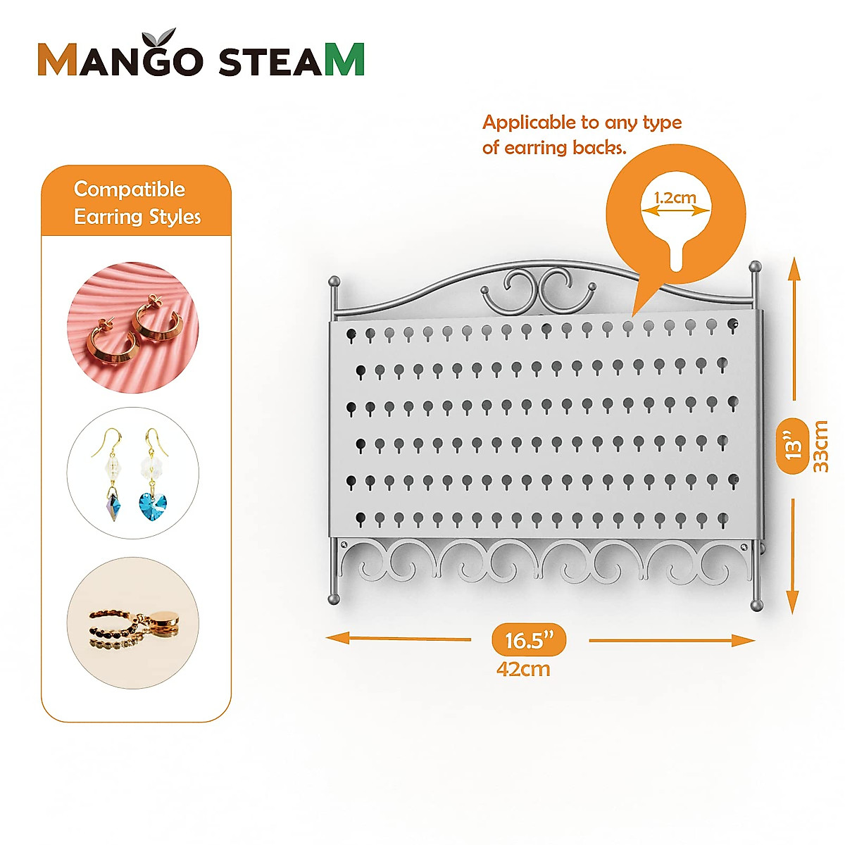 Mango Steam Wall Mounted Closet/Wardrobe Display Hanger Organizer for Jewelry & Earrings With Hooks for Necklaces, Bracelets, Accessories - Silver