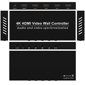 Video Wall Controller HDMI 1X4,Splicing Professional Processor with 4 HDMI+3.5mm Audio Output 180 Degree Rotate TV Wall Display 8 Splicing Modes 1x1, 1x2, 1x3, 1x4, 2x1, 3x1,4x1, 2x2