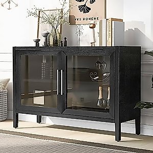 Hlcodca Wood Storage Cabinet with Two Tempered Glass Doors,Four Legs and Adjustable Shelf,Suitable for Living Room, Study and Entrance (Black-001)