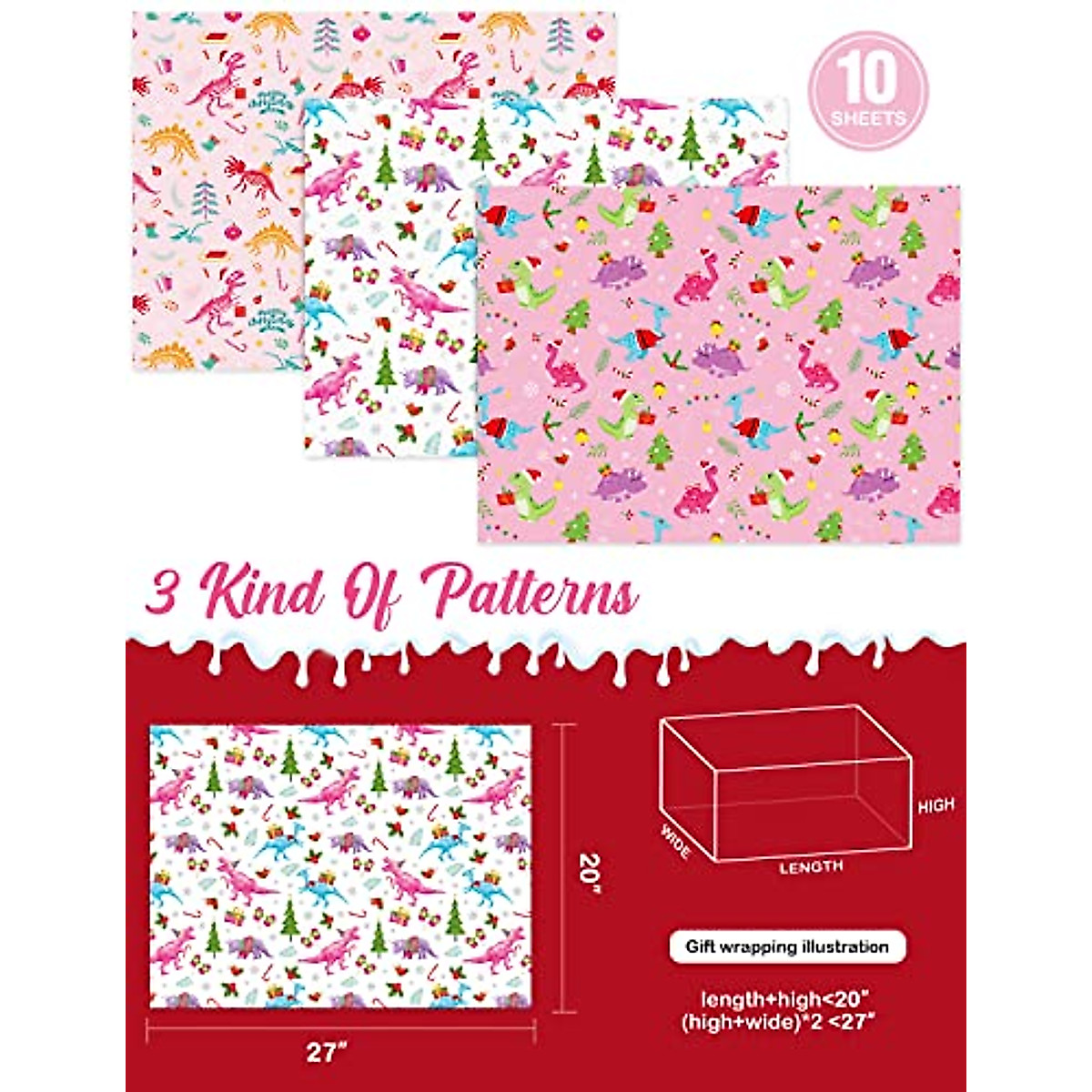 Christmas Dinosaur Wrapping Paper 10 Sheets 20" x 27" Pink Christmas Wrapping Paper Flat Fold Christmas Gift Wrap Paper Pink Girls Wrapping Paper Kids Dinosaur Gift Wrap Dino Birthday Wrapping Paper