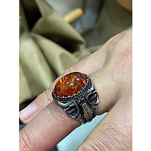 Mens Handmade Ring, Amber Stone Ring, Honey Amber Ottoman Mens Ring, Natural Stone, Men Ring, Gift for Him, 925k Sterling Silver Ring