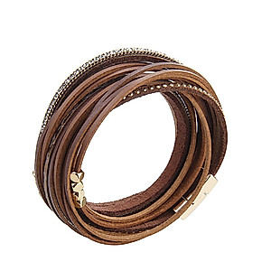 TASBERN Women Leather Wrap Bracelet in Goldplated Metallic Crescents and Crystal Cuff Bracelets for Ladies Christmas Gift (brown leather bracelet for women)
