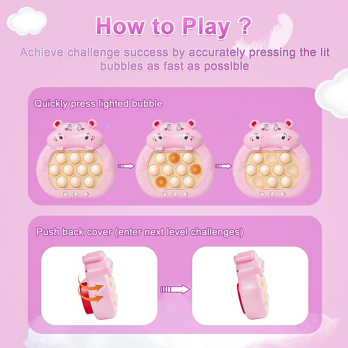 Raripida Pop Light Up Game, Handheld Fidget Light-up Pop Toys for Kids 6-12, Push Pop Sensory Toys with Memory Games, Stress Relief Pop Puzzle Game for Boy Girl Teens, Pink