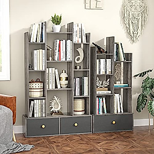 Unikito Book Shelf with 2 Drawers Free Standing Bookcase, Office Storage Shelf Organizer with 12 Open Bookshelf, Industrial Wood Book Case Display Rack for Bedroom, Living Room Home Office, Gray Oak