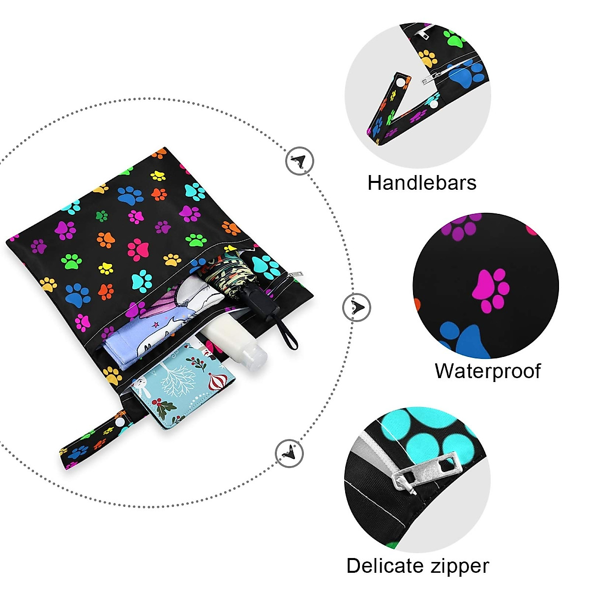 AUUXVA Colorful Dog Cat Paw Print Wet Dry Bag Set Waterproof Reusable Baby Diaper Bags Organizer with Two Zippered Pockets for Travel Beach Swimming Swimsuit Wet Clothes 2 Pack