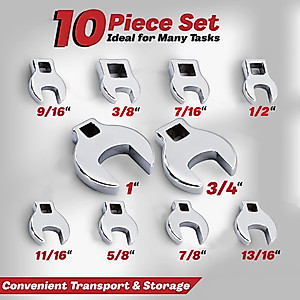 Crows Foot Wrench Set (SAE/Inch) Easily Access Hard-To-Reach Areas, Ideal for Tight Spaces, Great for Automotive Repair Work - Includes Sizes: From 3/8" to 1 Inch - 10-Piece Kit With Clip-on Organizer