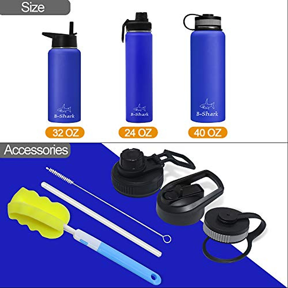 Insulated Water Bottle - Metal Water Bottle with Straw & Spout Lid, 24/32/40/64 oz Stainless Steel Sports Water Bottle with Wide Mouth Keeps Hot and Cold for Kids, Adult, Leak Proof for Gym, Travel