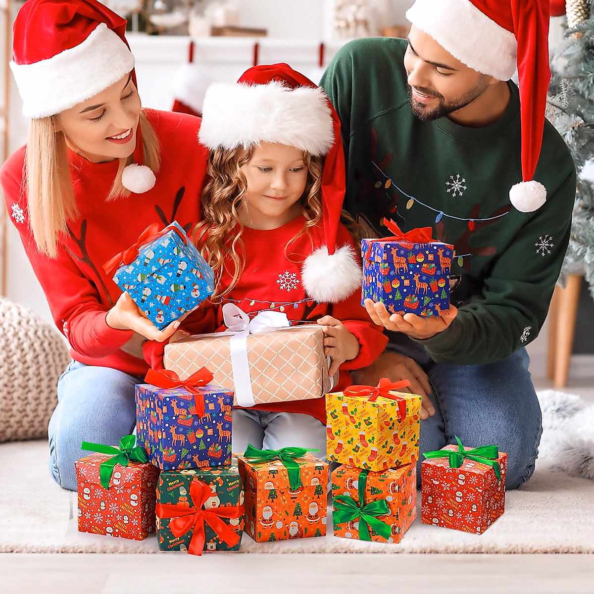 Cholemy 36 Pieces Christmas Gift Boxes with Lids Small Squared Boxes with Ribbon Xmas 4x4x4 Boxes Holiday Bow Box Gift Wrap Boxes for Christmas Party Favor Present Packaging, 12 Designs