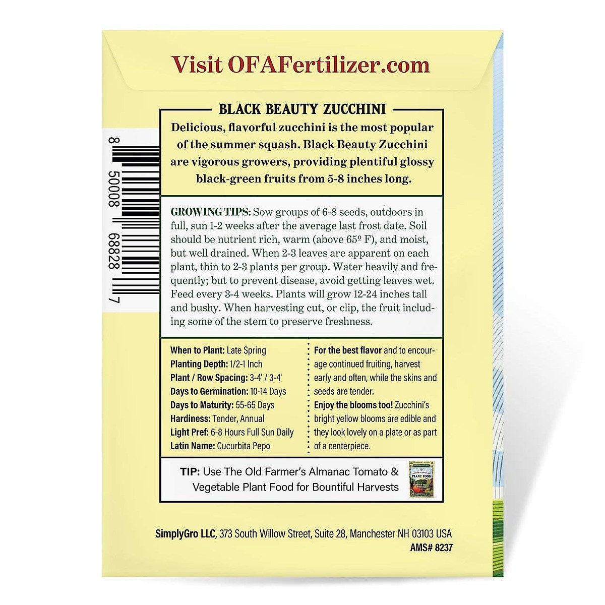 The Old Farmer's Almanac Heirloom Summer Squash Seeds (Black Beauty Zucchini) - Approx 50 Seeds - Non-GMO, Open Pollinated, USA Origin