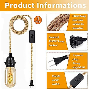 HESSION Rattan Wrapped Extension Hanging Lantern Cord, Plug-in Pendant Light with Hemp Cord - 15ft, E26/E27 Compatible Plug in Vintage Fabric Lamp Cord - Ideal for Rustic Lighting and Boho Style Decor