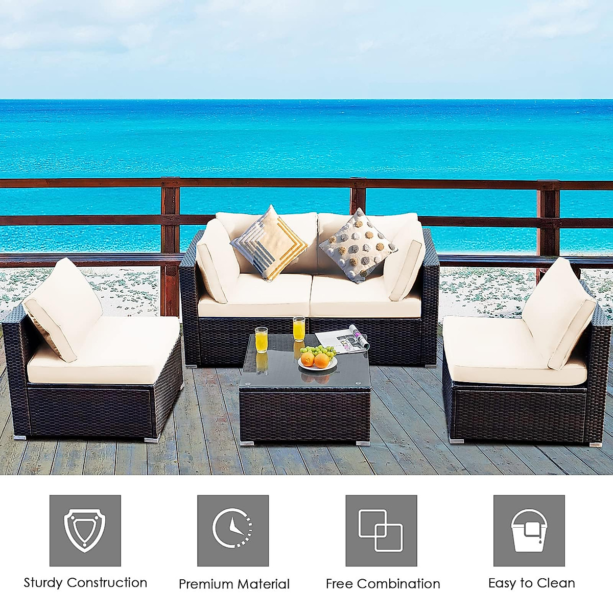 DORTALA 5 Pieces Patio Furniture Set, Outdoor Rattan L-Shaped Corner Sofa Set with Cushions, Coffee Table, Patio Sectional Conversation Set for Backyard Porch Garden Poolside, White