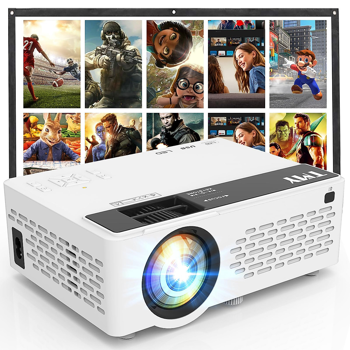 TMY Projector 7500 Lumens with 100" Projector Screen, 1080P Full HD Supported Portable Projector, Mini Movie Projector Compatible with TV Stick Smartphone HDMI USB AV, for Home Cinema & Outdoor Movies