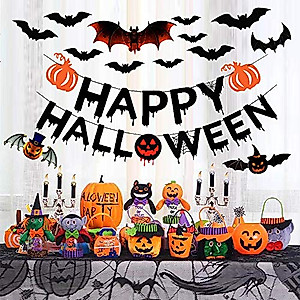 JOLLY SWEETS Happy Halloween Banner Set with Scary Bat Stickers 28Pcs, Pumpkin Sign Designed with Ghost, with Scary 3D Bat Wall Stickers, Halloween Decorations, Halloween Party Supplies