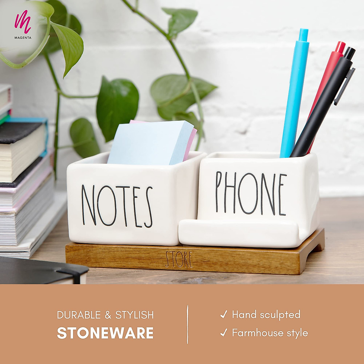 Rae Dunn Desk Organizer, Ceramic and Wood Organizer Tray with Cell-Phone Holder, Note-Card Holder, and Pen Holder, Organizer for Office Desk Accessories