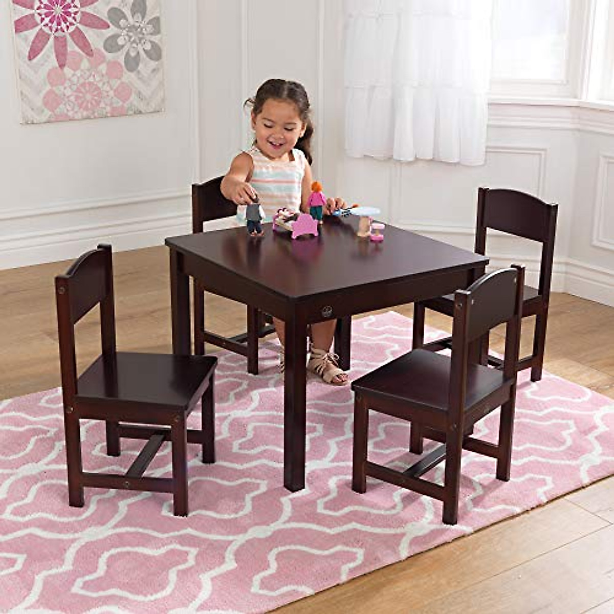 KidKraft Wooden Farmhouse Table & 4 Chairs Set, Children's Furniture for Arts and Activity, Espresso, Gift for Ages 3-8 23.6 x 23.6 x 19 inches