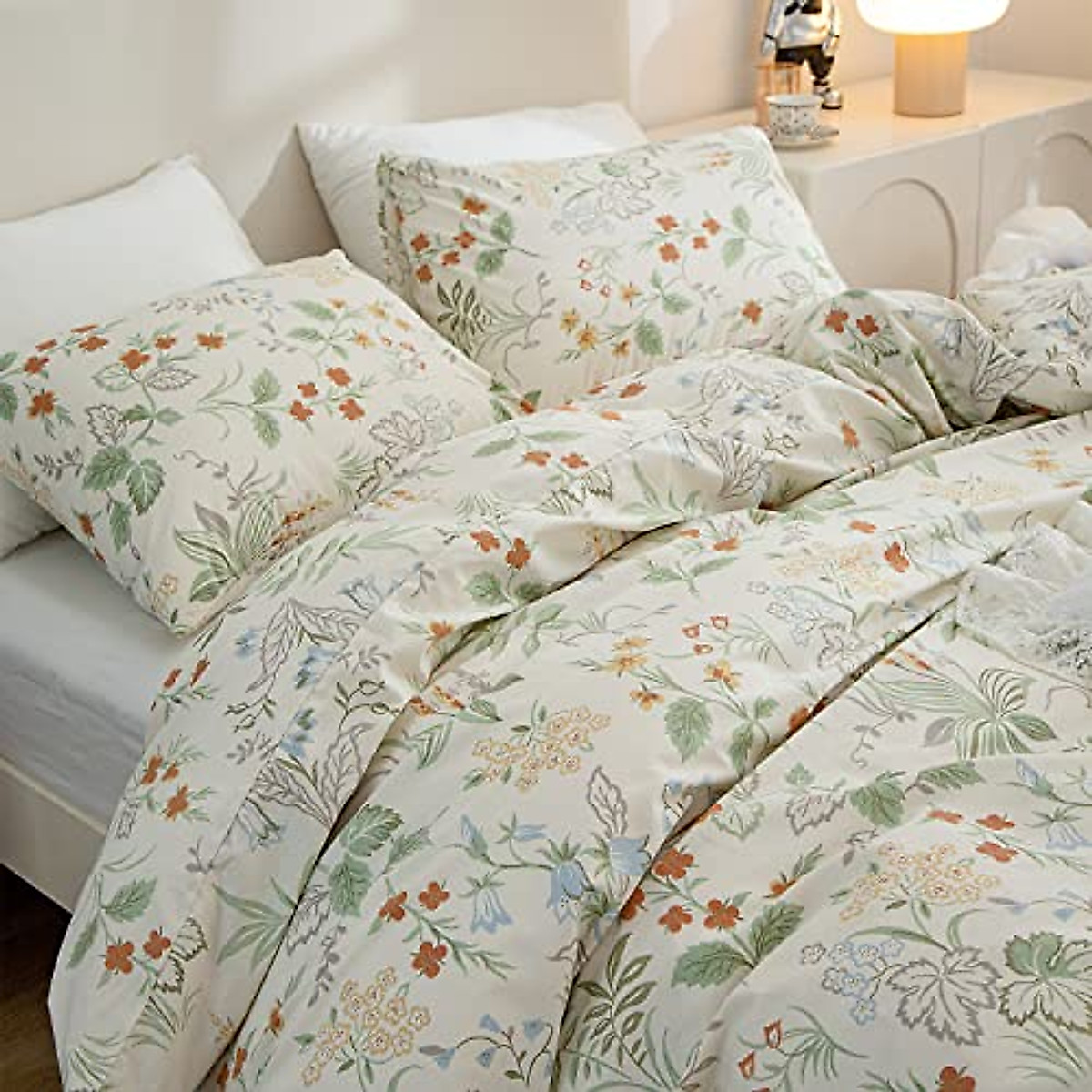 Floral Duvet Covers Queen, 100% Cotton Chic Floral Bedding Sets Queen 3 Pieces Green Red Flower Leaves Queen Duvet Cover Floral, 1 Duvet Cover and 2 Pillowcases with Zipper Closure (Flower, Queen)