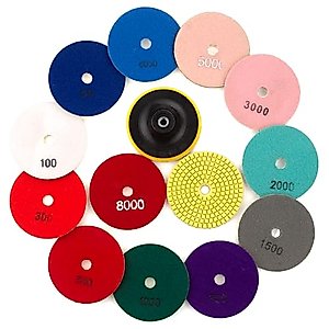 ADVcer 13pcs Diamond Polishing Pads, 4 inch Polish Pad 50 - 8000 Grit Wet Stone Polishing Kit with M10 Hook & Loop Backing Holder Disc for Granite Concrete Marble Quartz Countertop Tile Floor Polisher