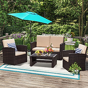 Vakollia 4 Piece Outdoor Patio Furniture Sets, Wicker Rattan Conversation Sofa Set with Table & Chair for Backyard Balcony Garden Poolside Porch (Brown-Beige)