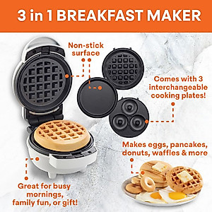 MasterChef 3-in-1 Mini Breakfast Maker- Make Eggs, Pancakes, Donuts, & Waffles and More in One Appliance! 3 Removable Non-Stick Cooking Plates for Easy Cleaning & Storing- Great Birthday, Holiday Gift