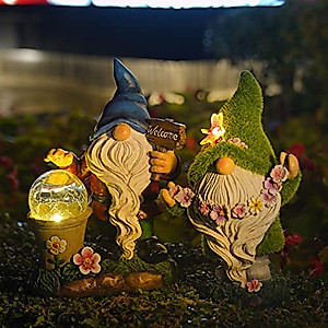 DiliComing Garden Gnomes Decoration for Yard - Outdoor Gnome Statue with Solar Light, Dwarf Sculpture for Outside Patio Porch Lawn Decor, Spring Decorations for Home