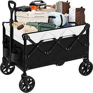 Collapsible Folding Wagon,Large Utility Wagon Cart Foldable,Folding Wagon Cart with All Terrain Wheels,Heavy Duty Garden Cart,Portable Wagon for Shopping Grocery Camping Sports Fishing (Black/White)