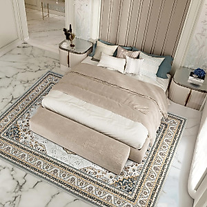 Aelenmu Washable Rugs for Living Room: 9x12 Area Low Pile Soft Rug with Non-Slip Backing Non-Shedding, Medallion Floor Carpet Bedroom Dining Room Nursery Home Office-Beige